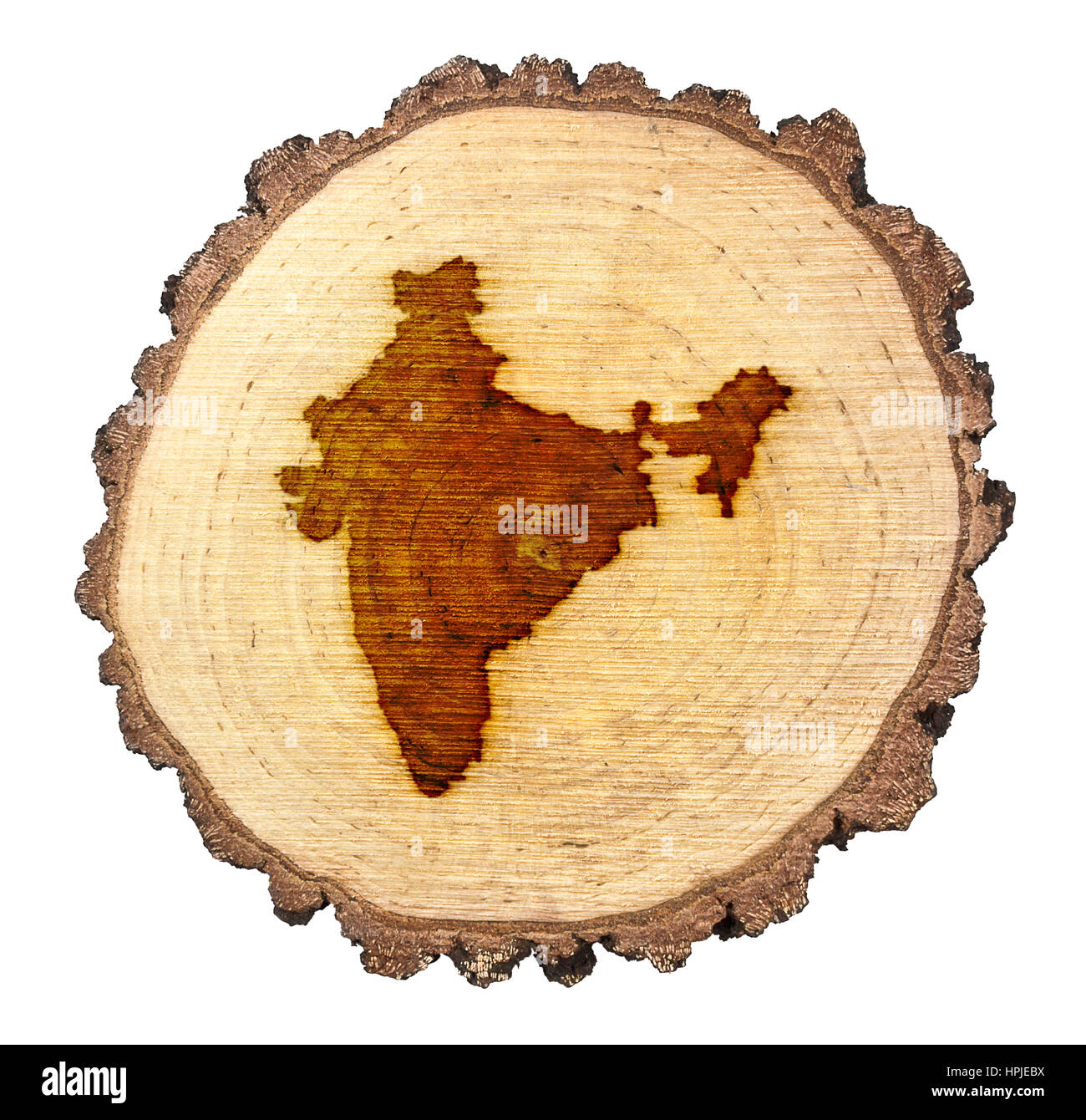 A slice of oak and the shape of India branded onto .(series Stock Photo ...