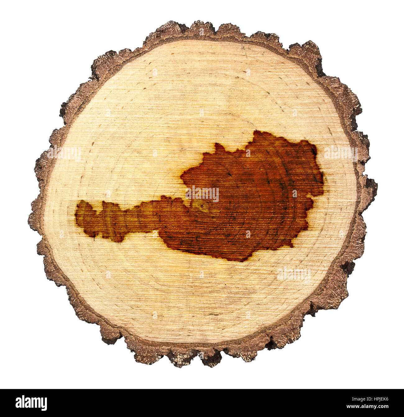 A slice of oak and the shape of Austria branded onto .(series Stock ...