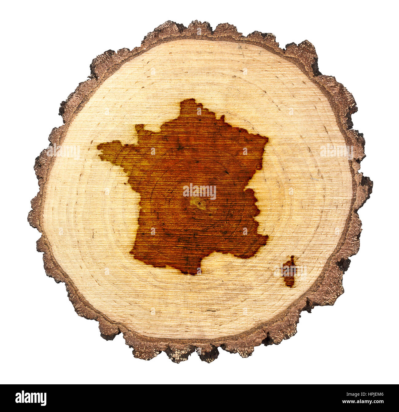 A slice of oak and the shape of France branded onto .(series Stock ...