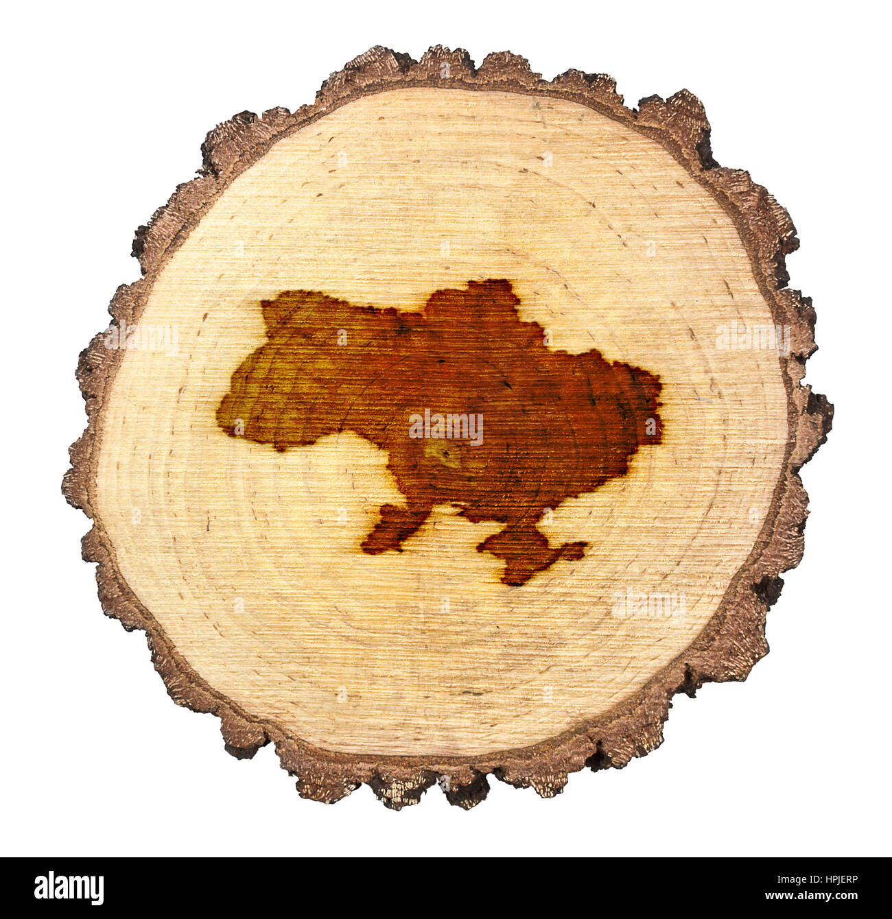 A slice of oak and the shape of Ukraine branded onto .(series Stock ...
