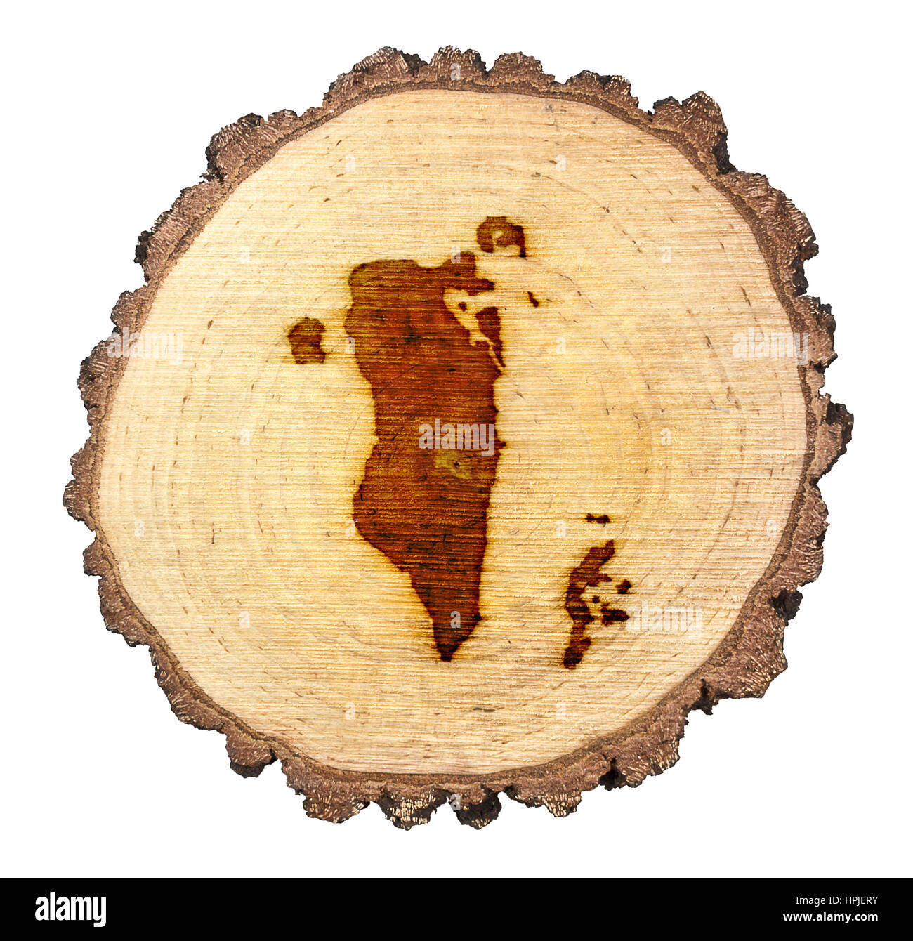 A slice of oak and the shape of Bahrain branded onto .(series Stock ...