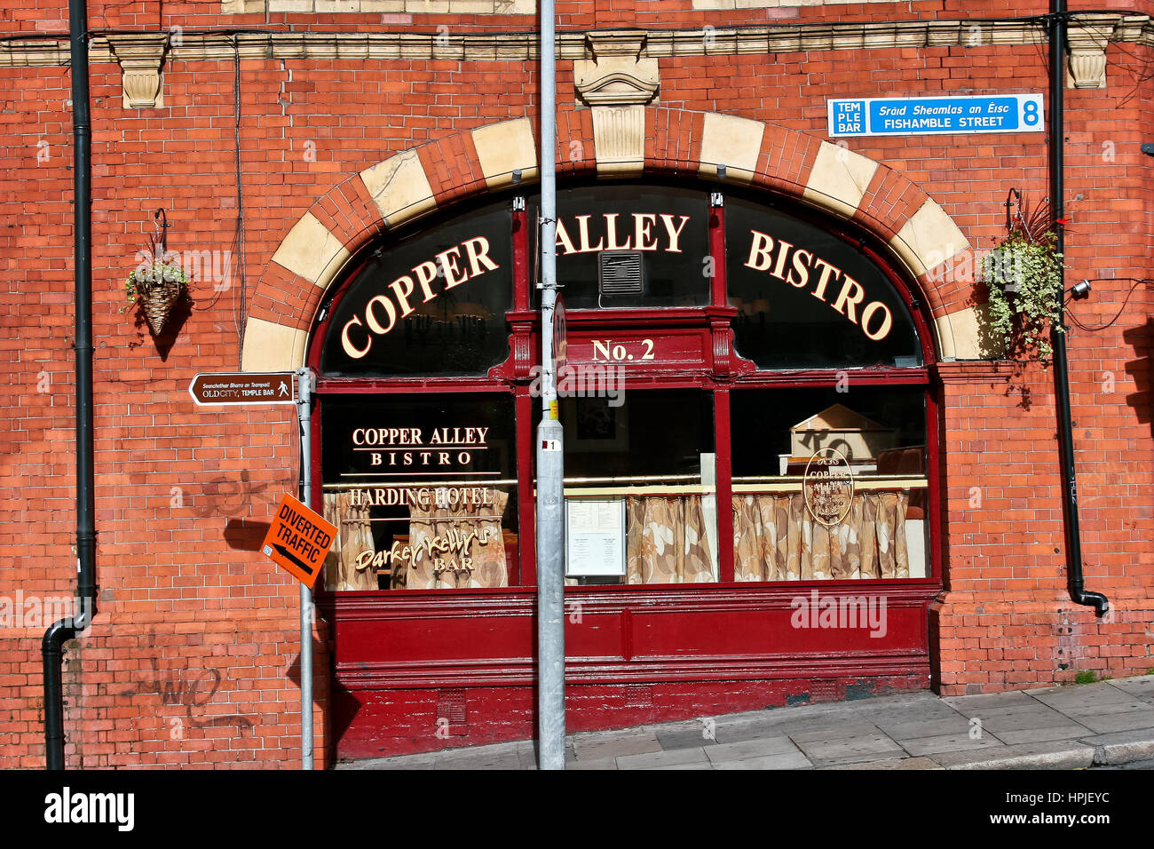 Copper Alley Bistro, typical irish pub, glass window, red bricks ...