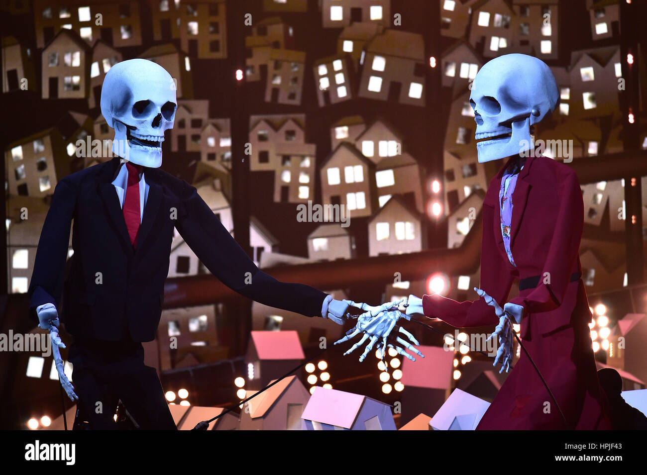 Puppets as Katy Perry performs on stage at the Brit Awards at the O2 ...