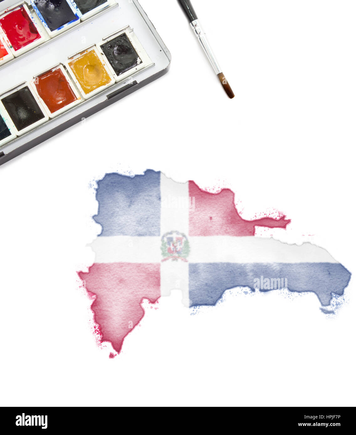 A watercolor painting of Dominican Republic in the national colors ...