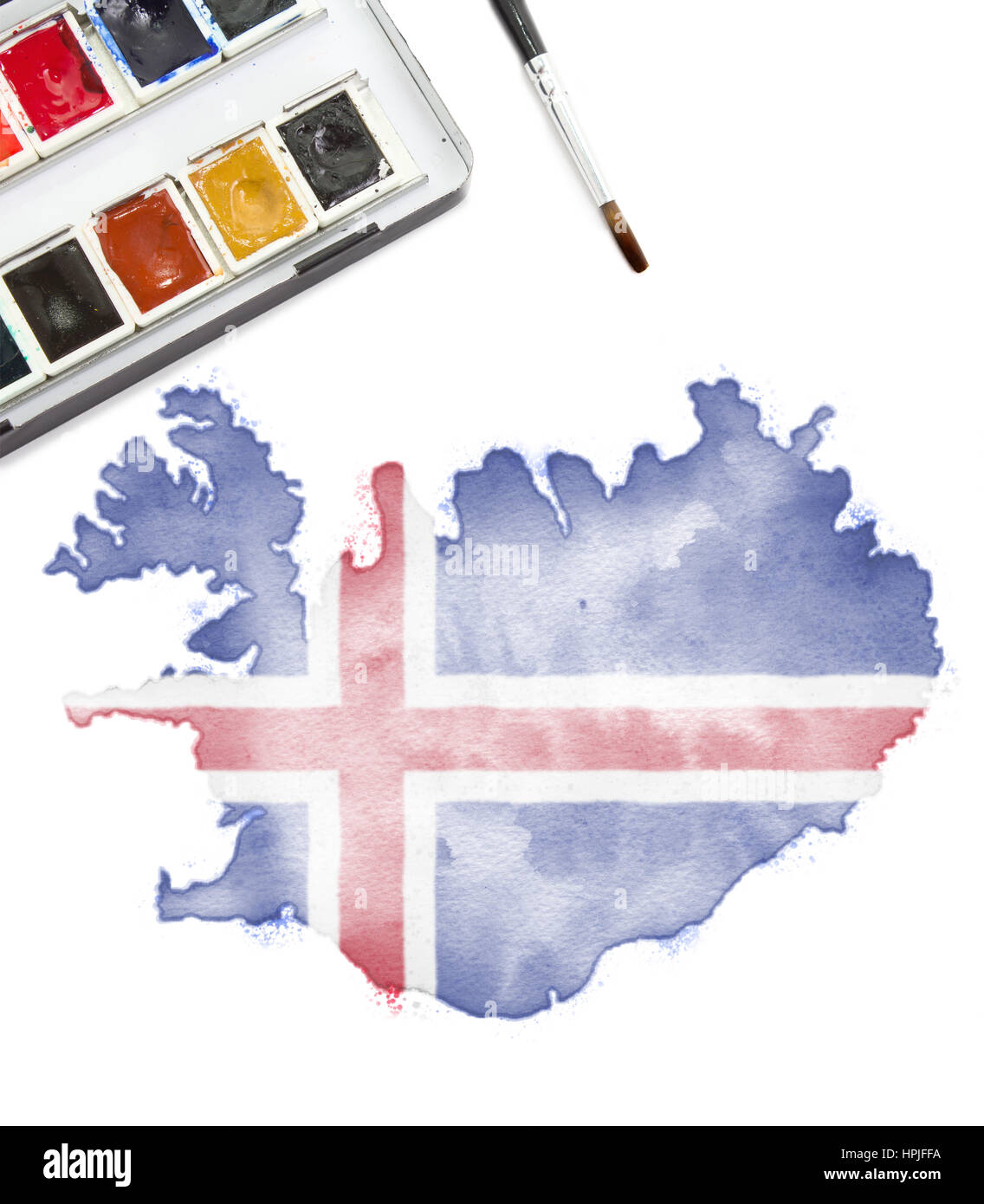 A watercolor painting of Iceland in the national colors.(series Stock ...