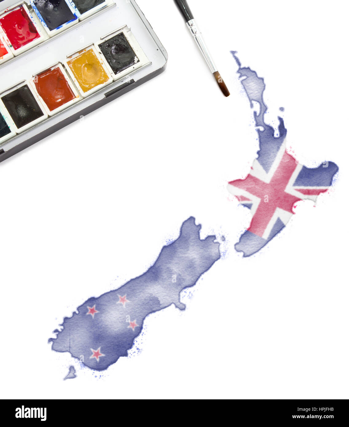 A watercolor painting of New Zealand in the national colors.(series ...
