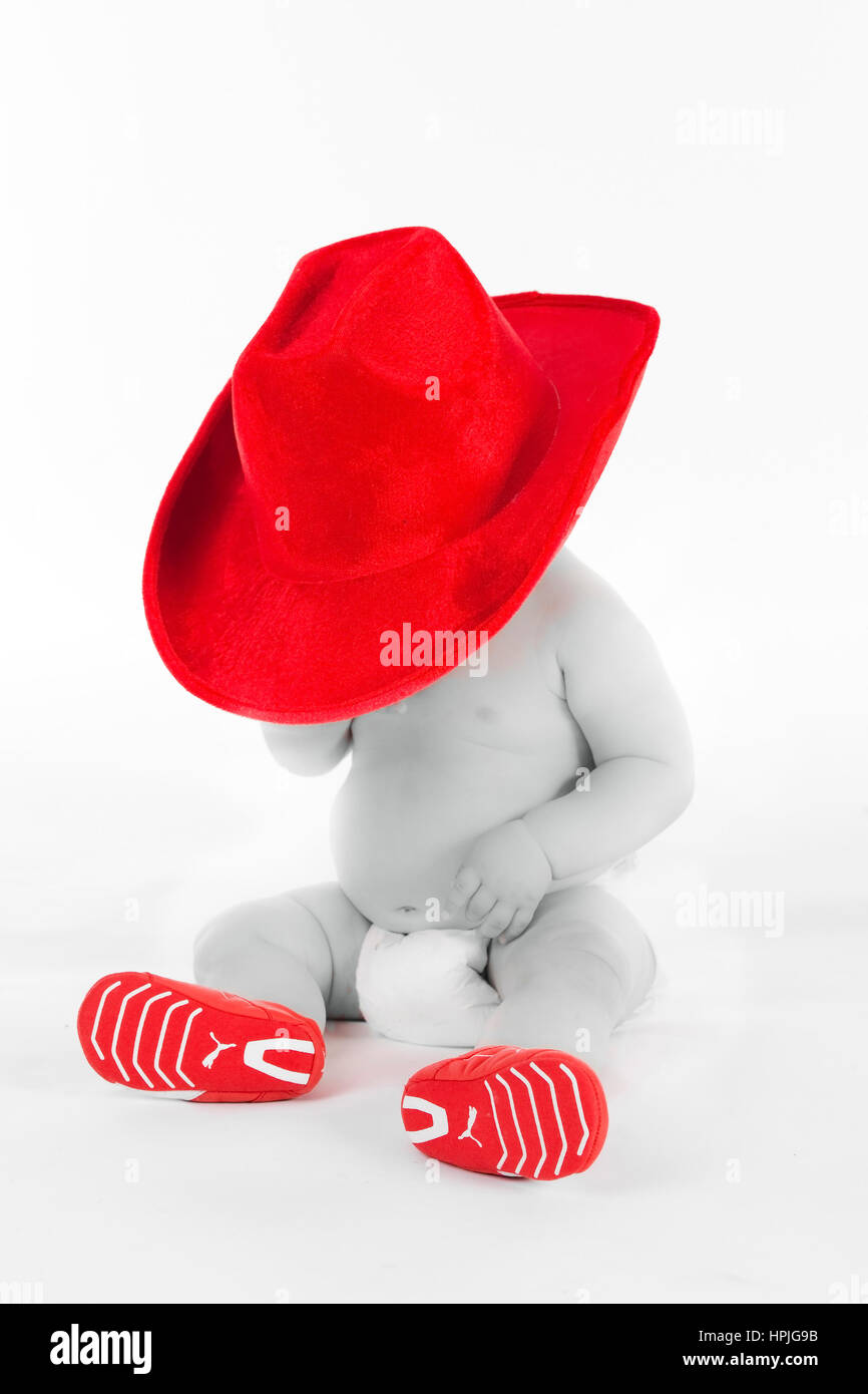 Model released , Baby, 10 Monate, mit rotem Hut - baby with red hat ...