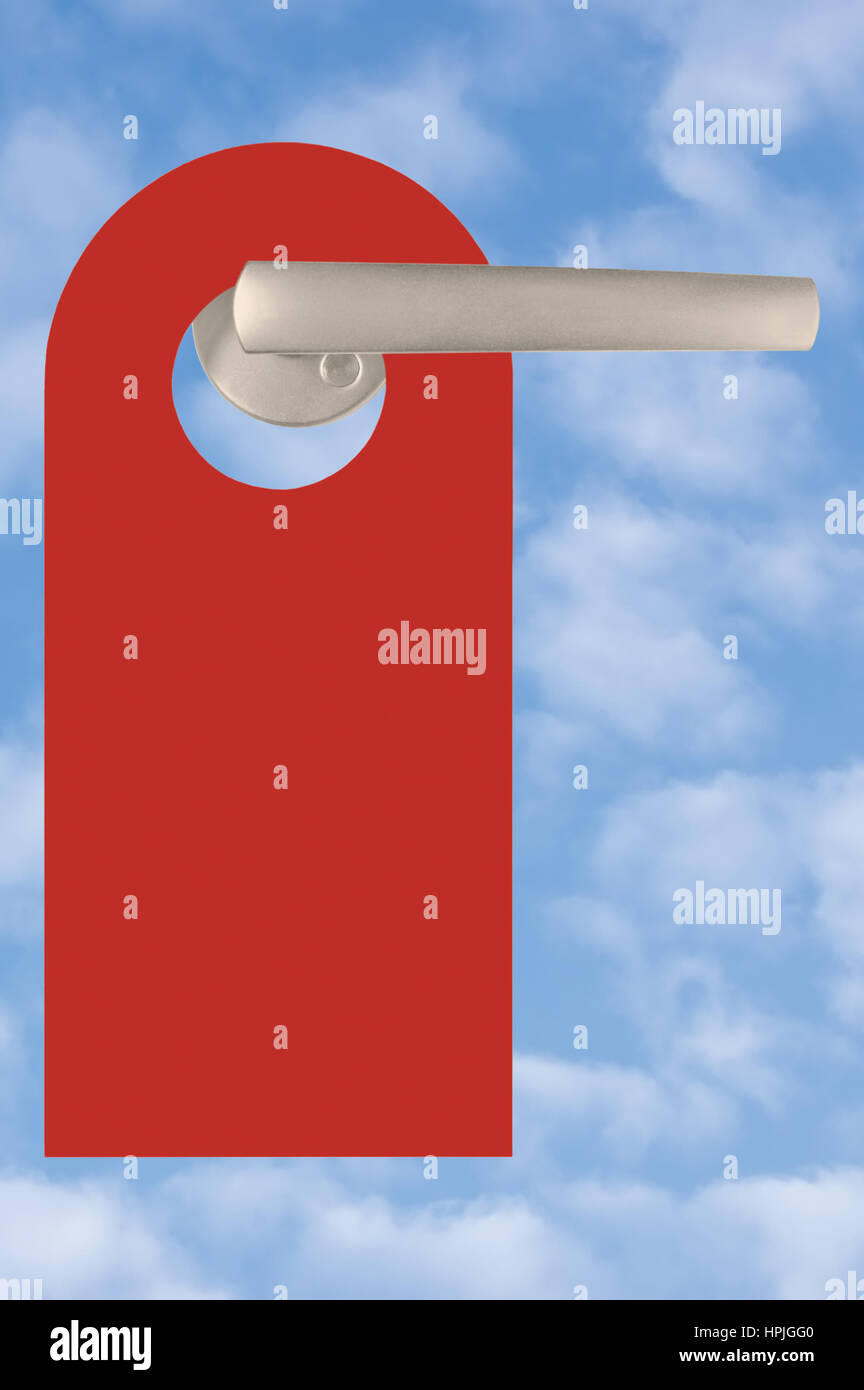 Blank Red Door Tag On Handle Copy Space Over Bright Summer Sky ...