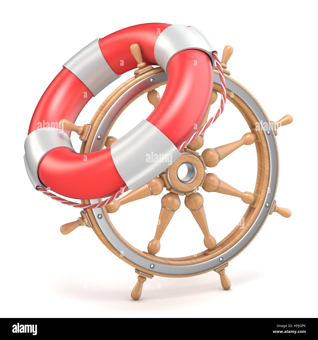 Wooden ship wheel and life buoy 3D render illustration isolated on ...