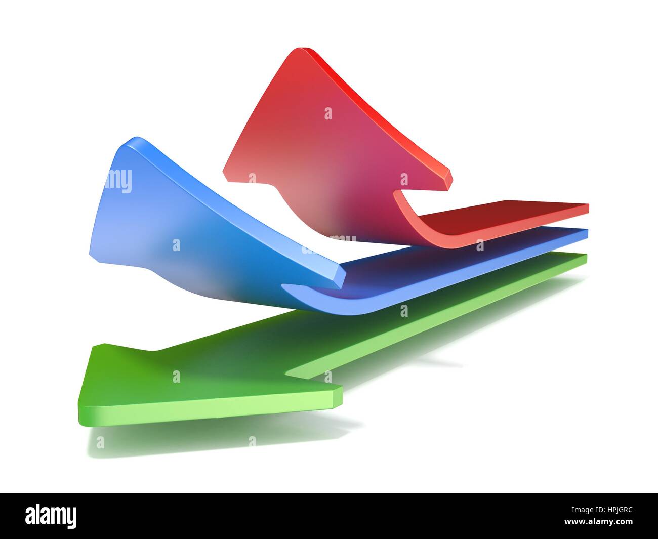 Three way arrows, showing three different directions upward. 3D render ...