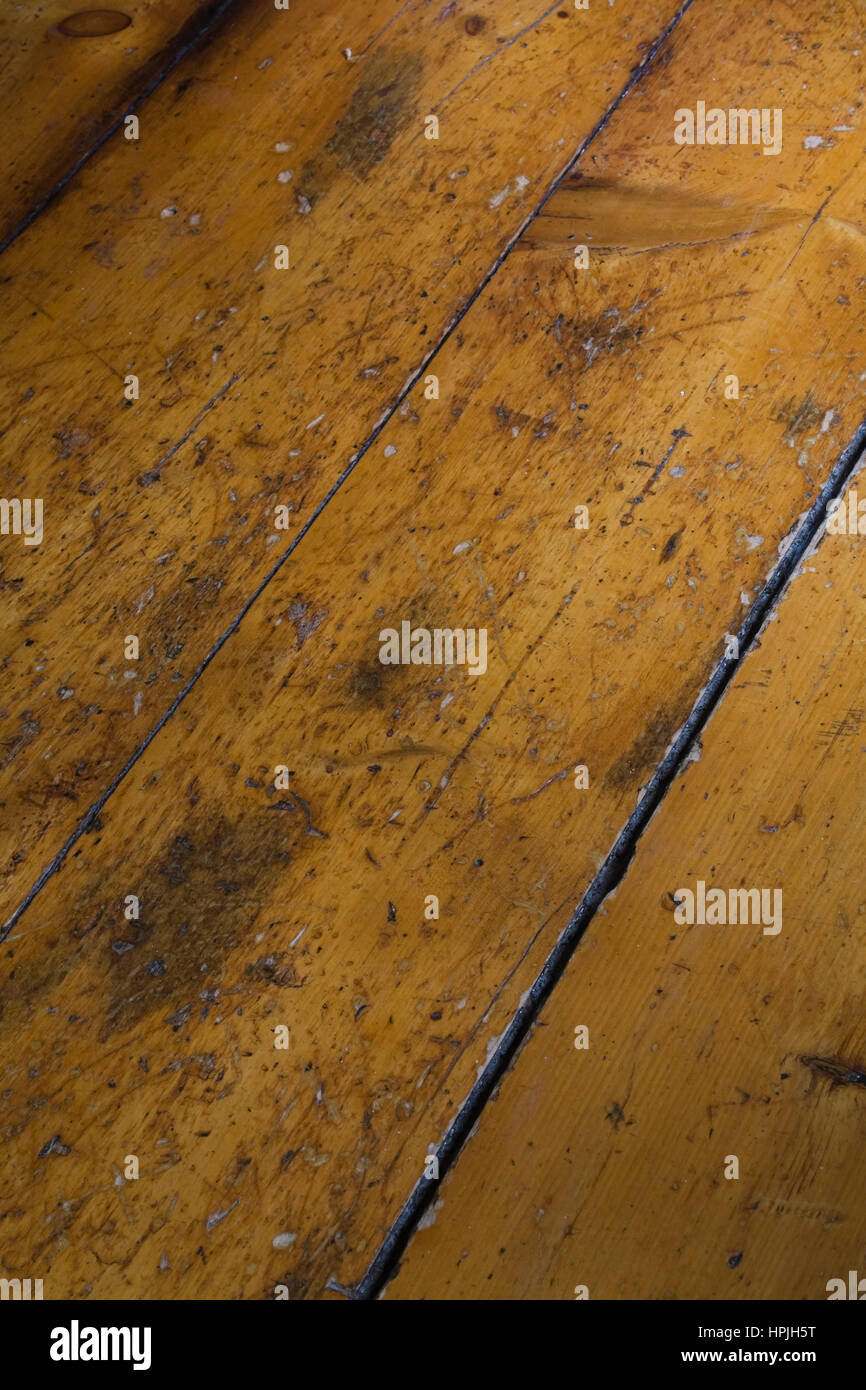 Close-up of old scratched and worn pinewood floor boards inside an old ...