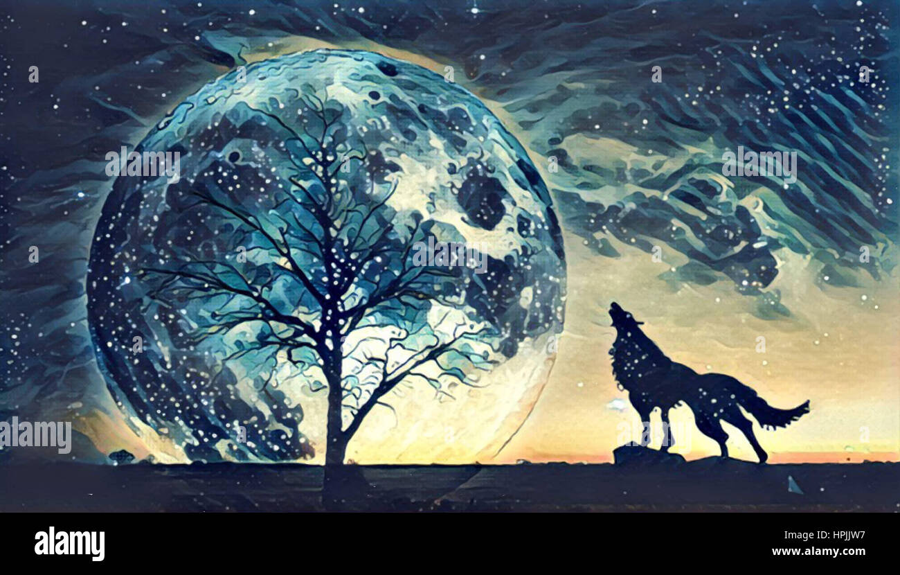 Fantasy landscape illustration artwork - Howling wolf and bare tree ...