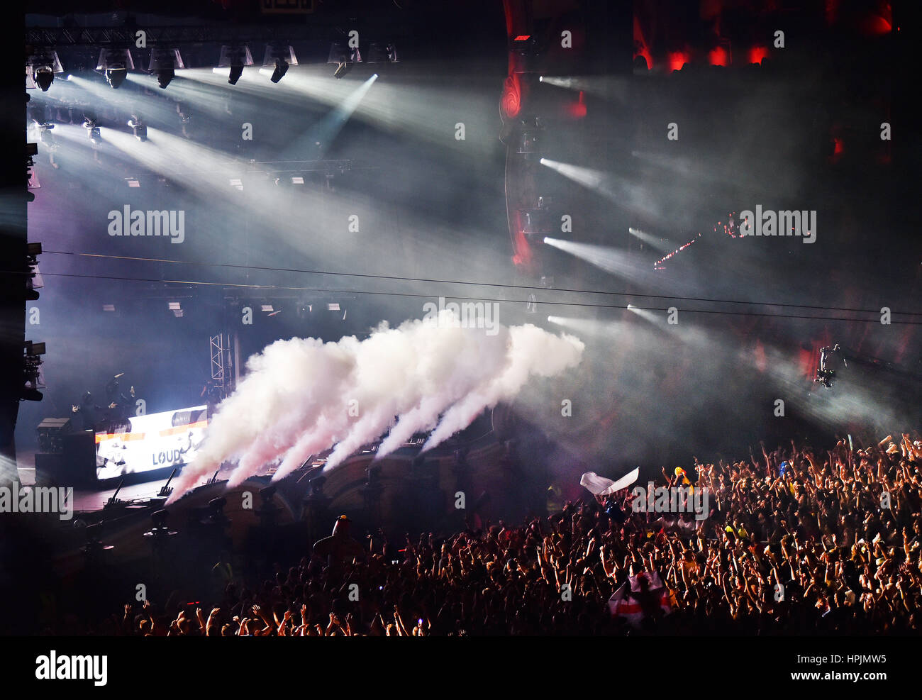 CLUJ-NAPOCA, ROMANIA - JULY 6, 2016: Disc jockey Twoloud mixing live on the stage in the front ...