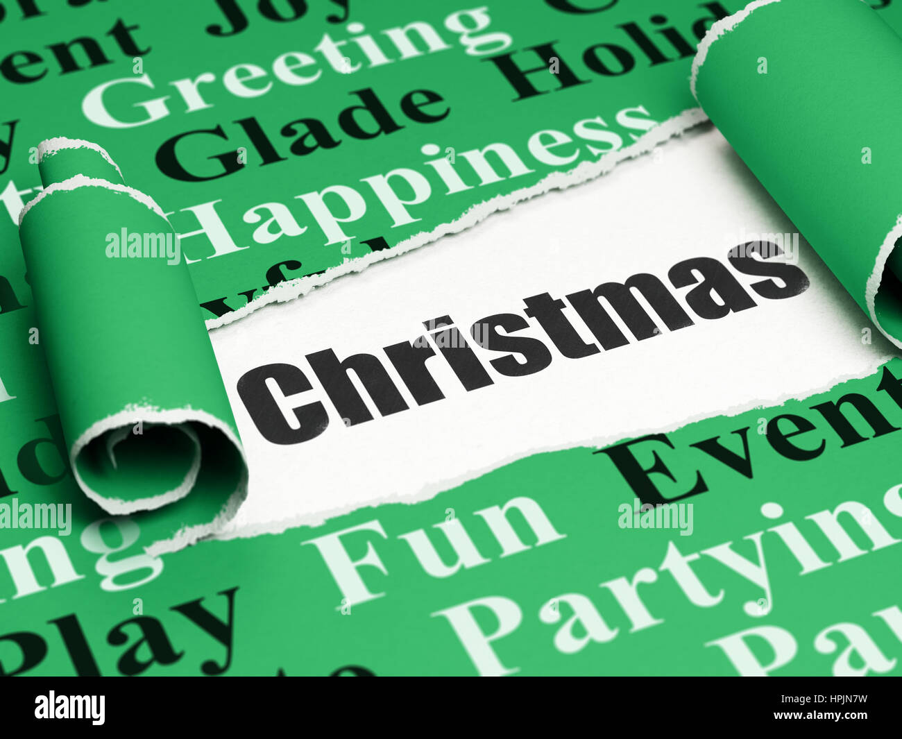 Holiday concept: black text Christmas under the piece of torn paper ...