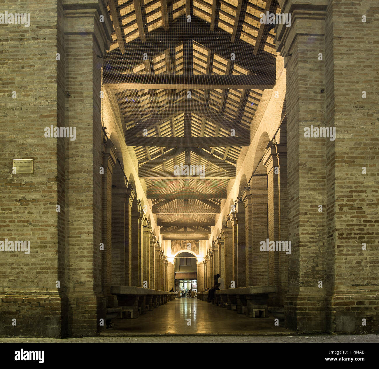 Old fish market in Rimini at night. It is located next to the central ...
