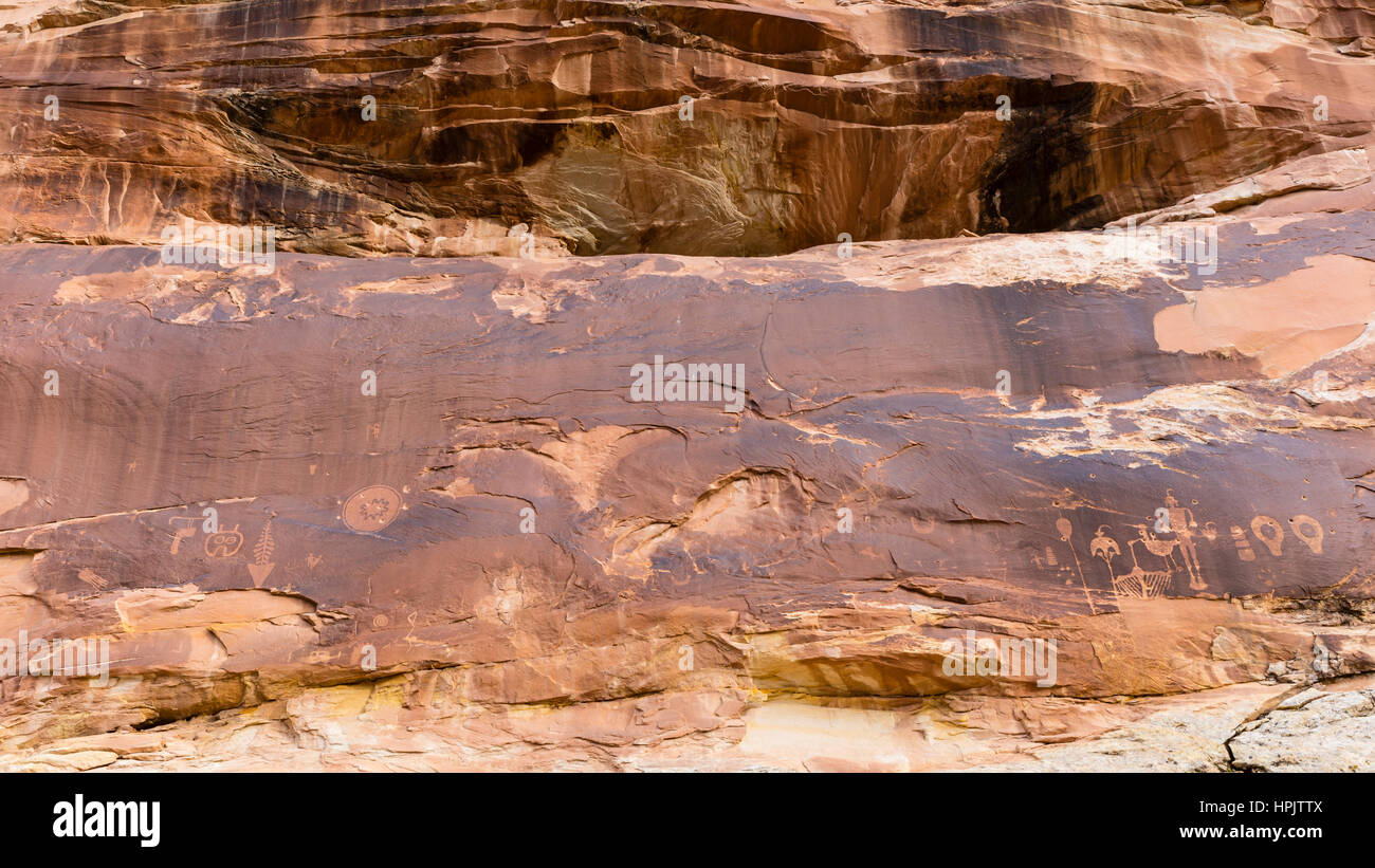 A petroglyph panel with a variety of humanoid and animal images ...