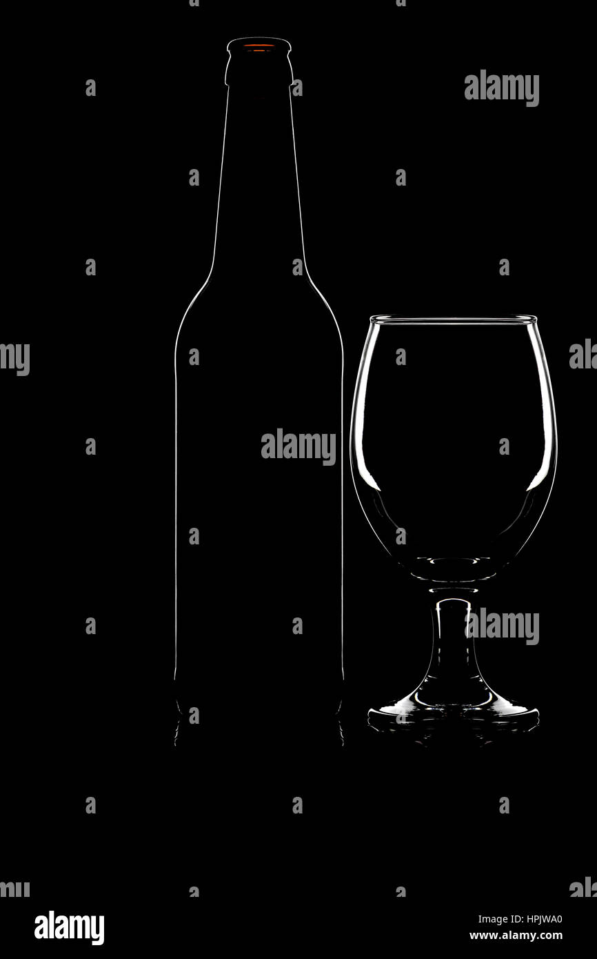 Contour of beer bottle and beer glass on black background Stock Photo ...