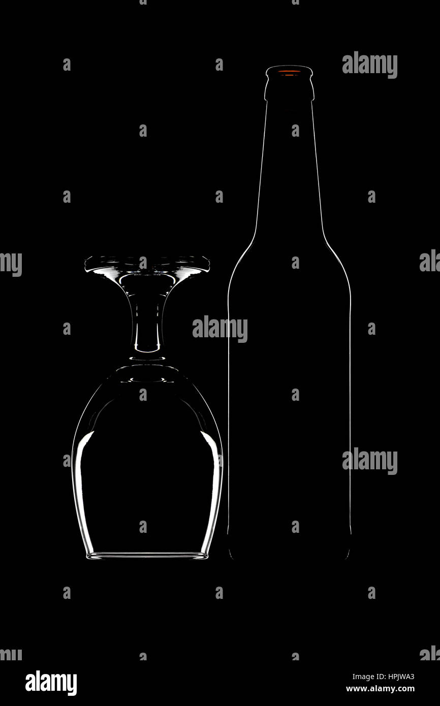Contour of beer bottle and beer glass on black background Stock Photo ...