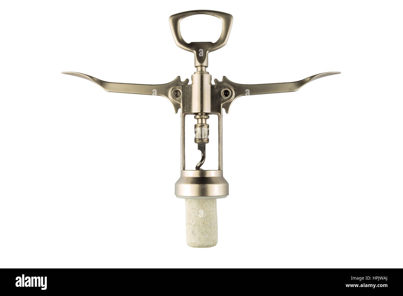 Metal modern corkscrew with wine cork isolated on white background ...