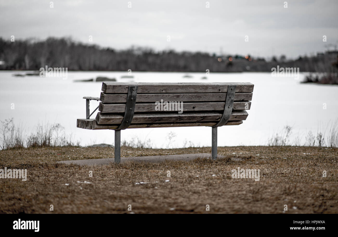 winter Albro lake bench with withered grasses in Dartmouth Stock Photo ...