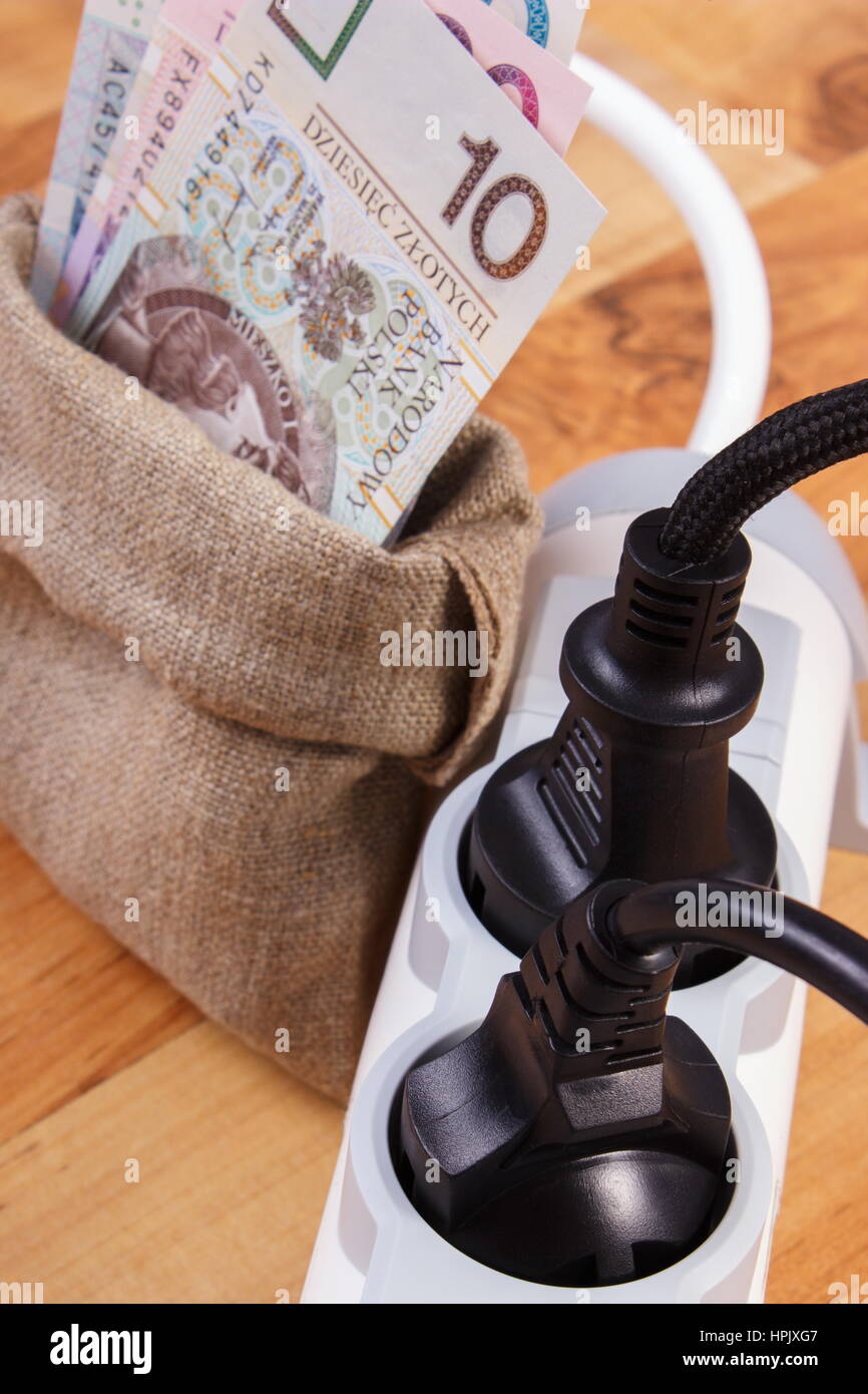 Electrical extension with connected plug and polish currency money in ...