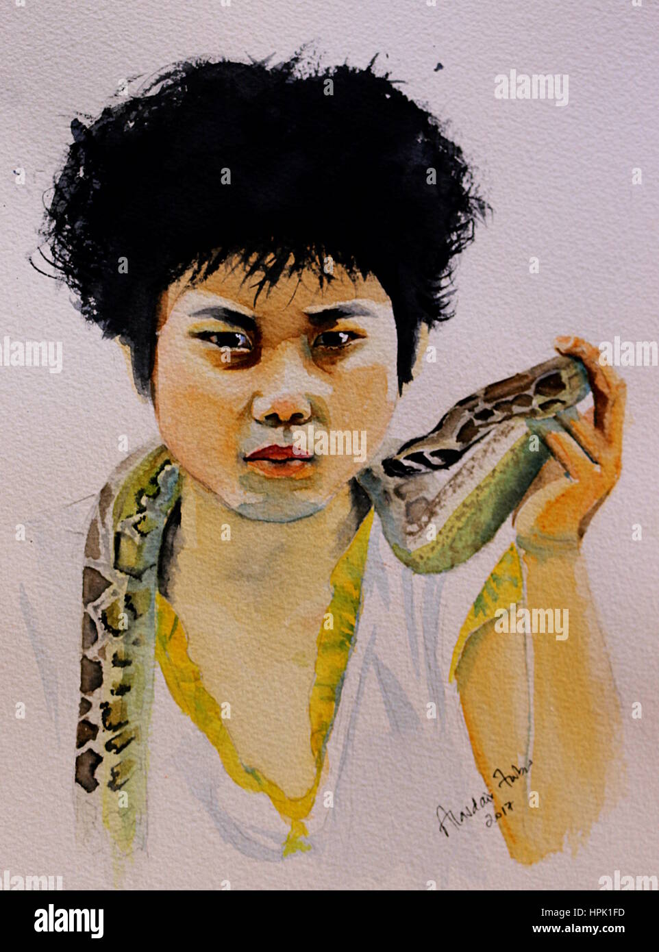 Girl with Burmese python. From photo taken on Tonle Sap lake in ...