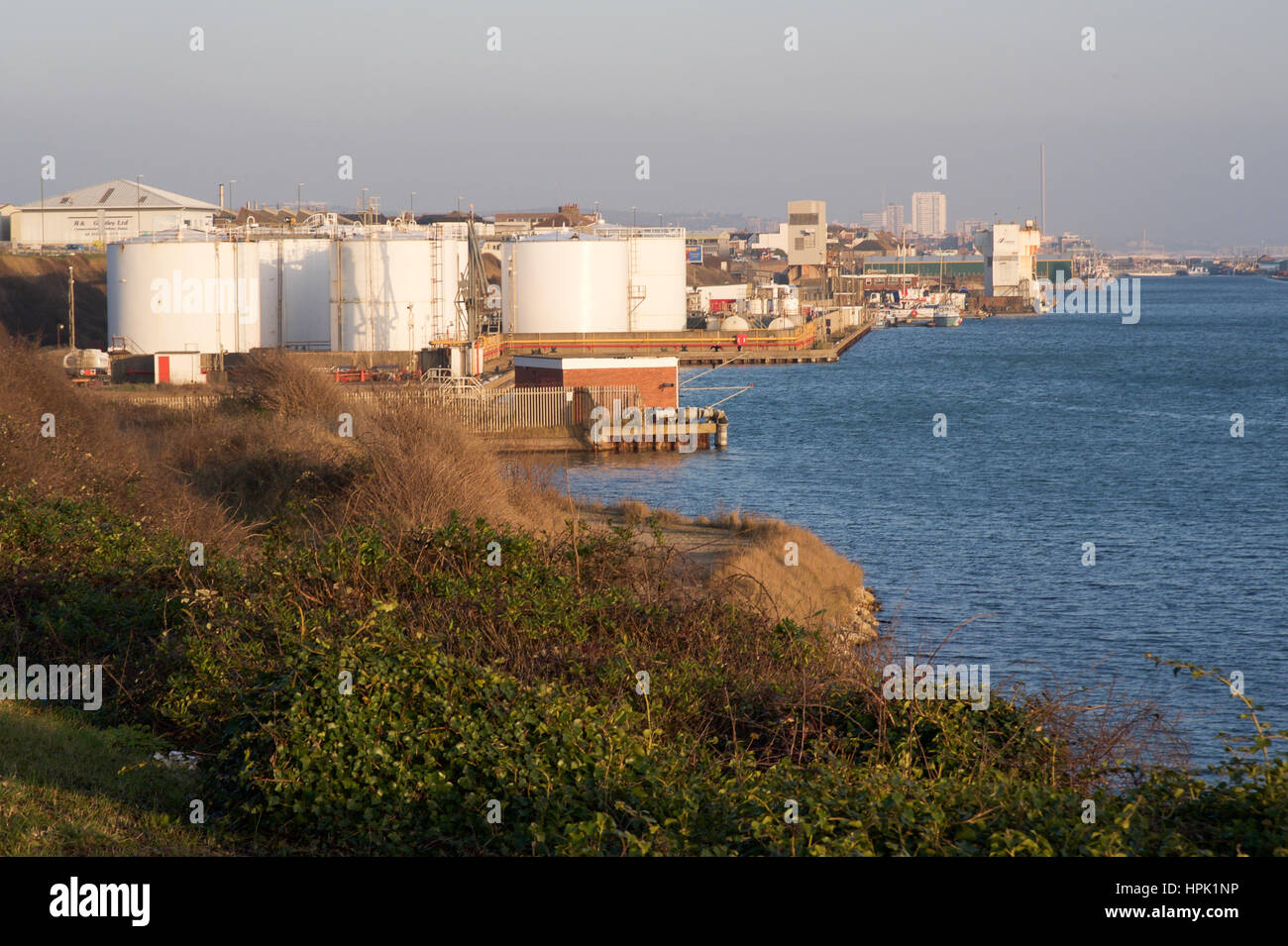 Oil terminal at Shoreham Harbour West Sussex, Brighton south coast UK ...