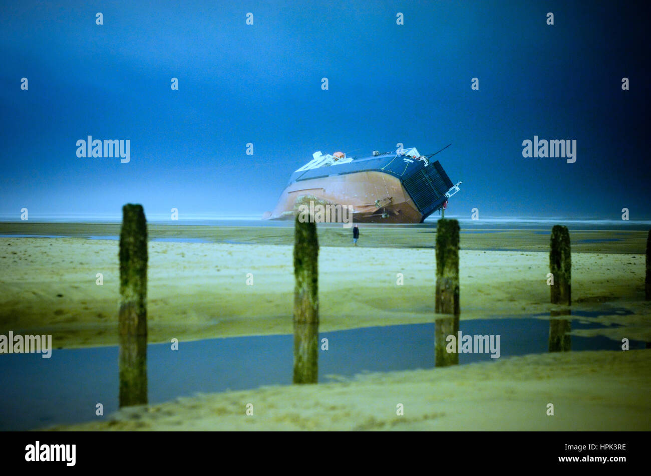 Grounded ferry Riverdance on the beach at night Stock Photo - Alamy