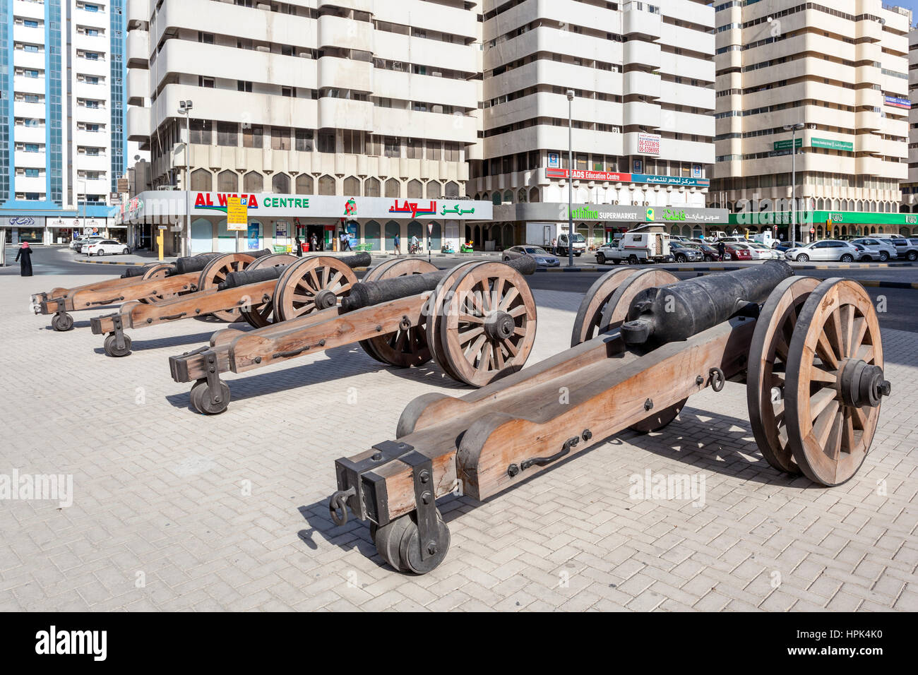 SHARJAH, UAE - NOV 28, 2016: Old guns at the historic Al Hisn fort in ...