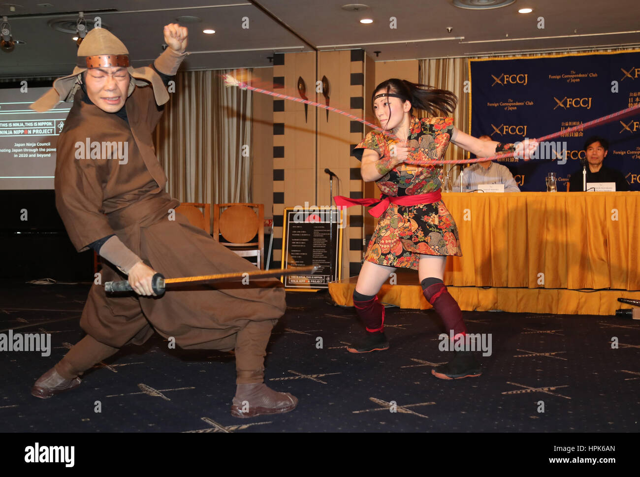 Tokyo, Japan. 22nd Feb, 2017. Members of ninja performance group Ashura ...