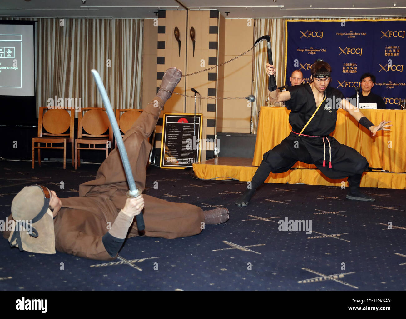 Tokyo, Japan. 22nd Feb, 2017. Members of ninja performance group Ashura ...