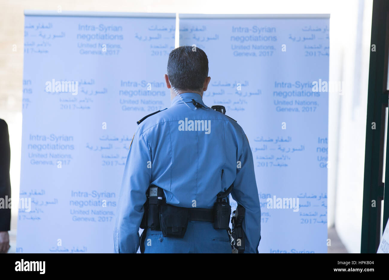 Geneva, Switzerland. 23rd Feb, 2017. A safety officer looks at the ...