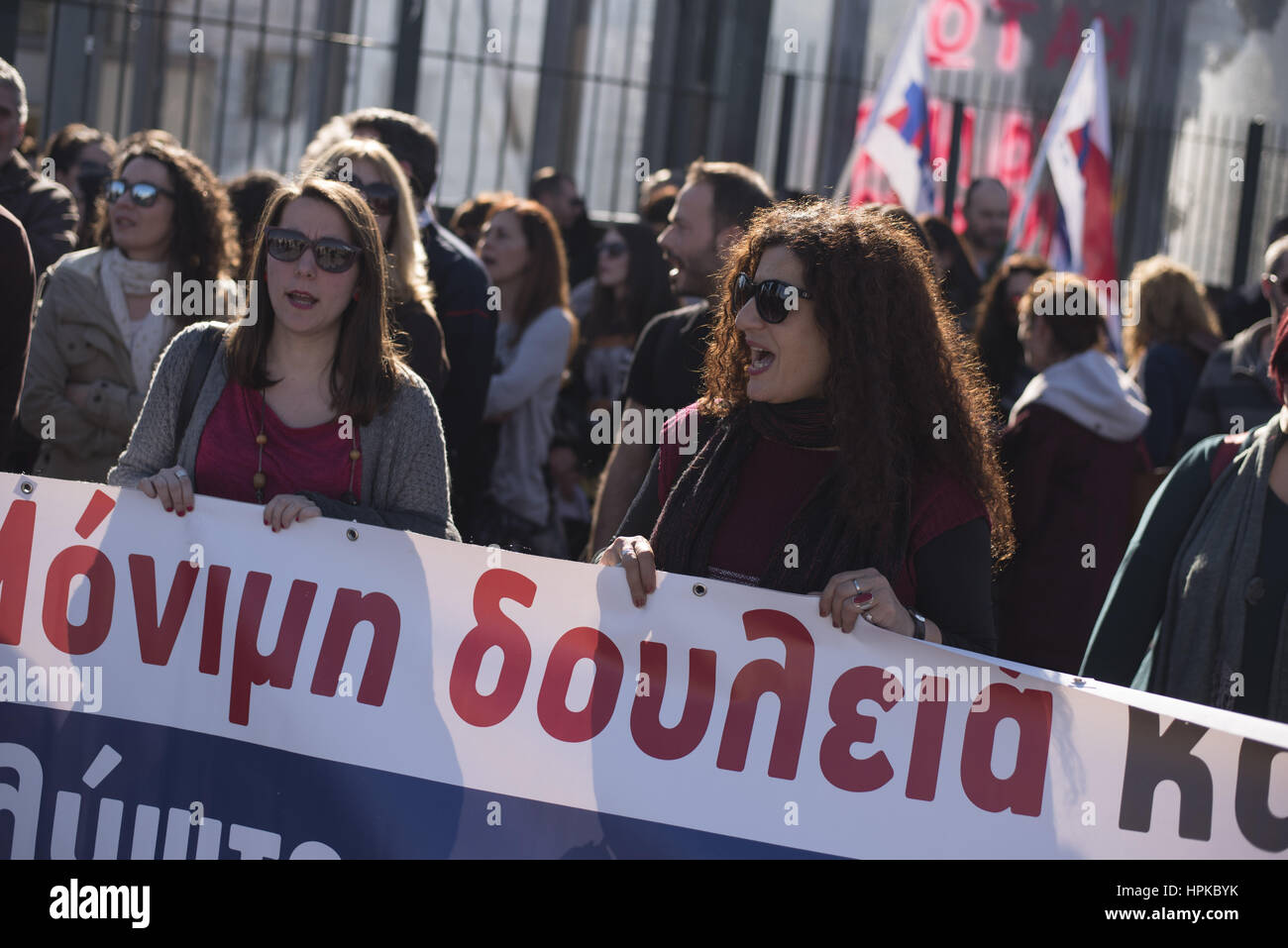 Athens, Greece. 23rd Feb, 2017. Teachers hold banners and shout slogans ...
