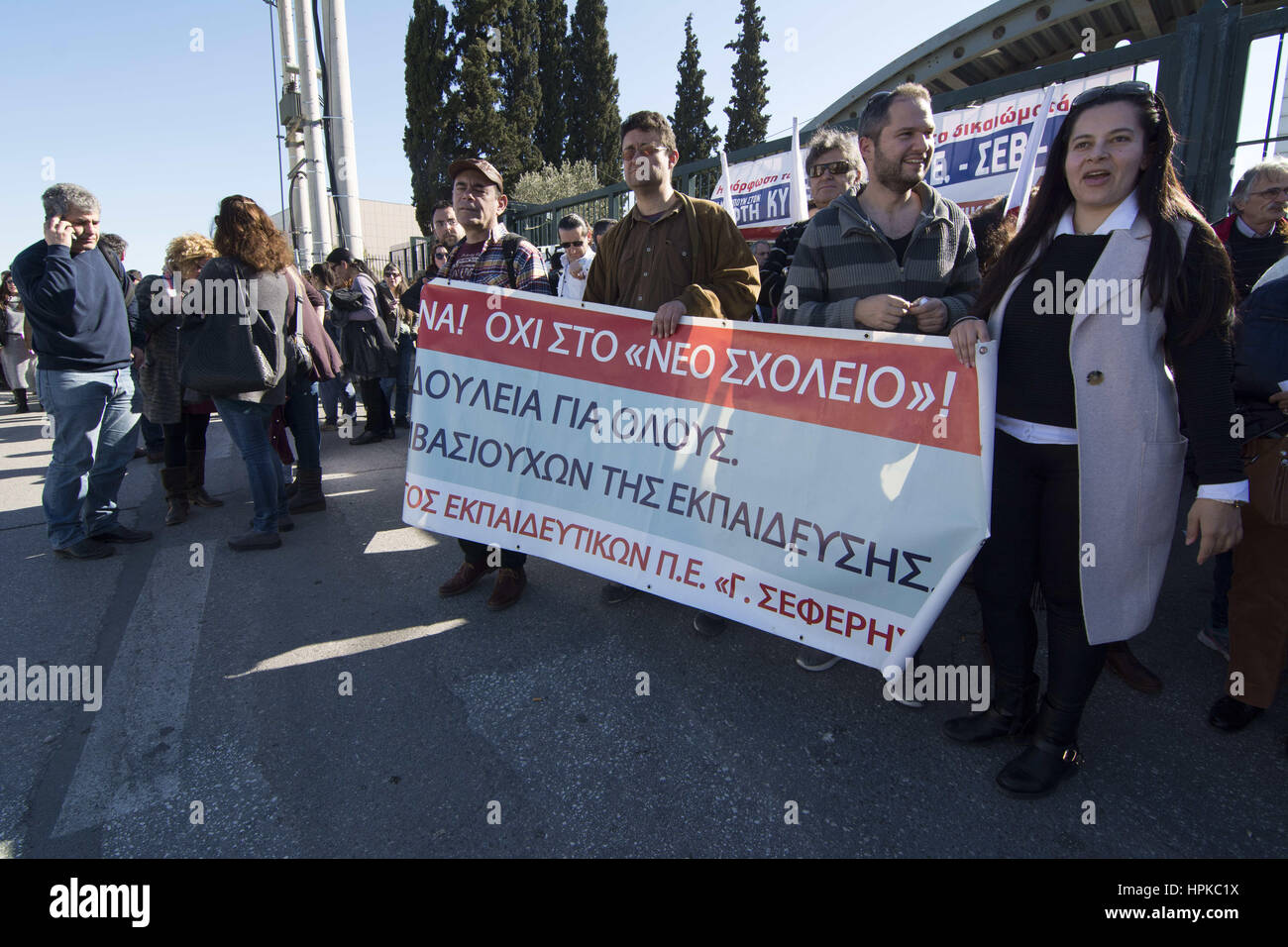 Athens, Greece. 23rd Feb, 2017. Teachers hold banners and shout slogans ...