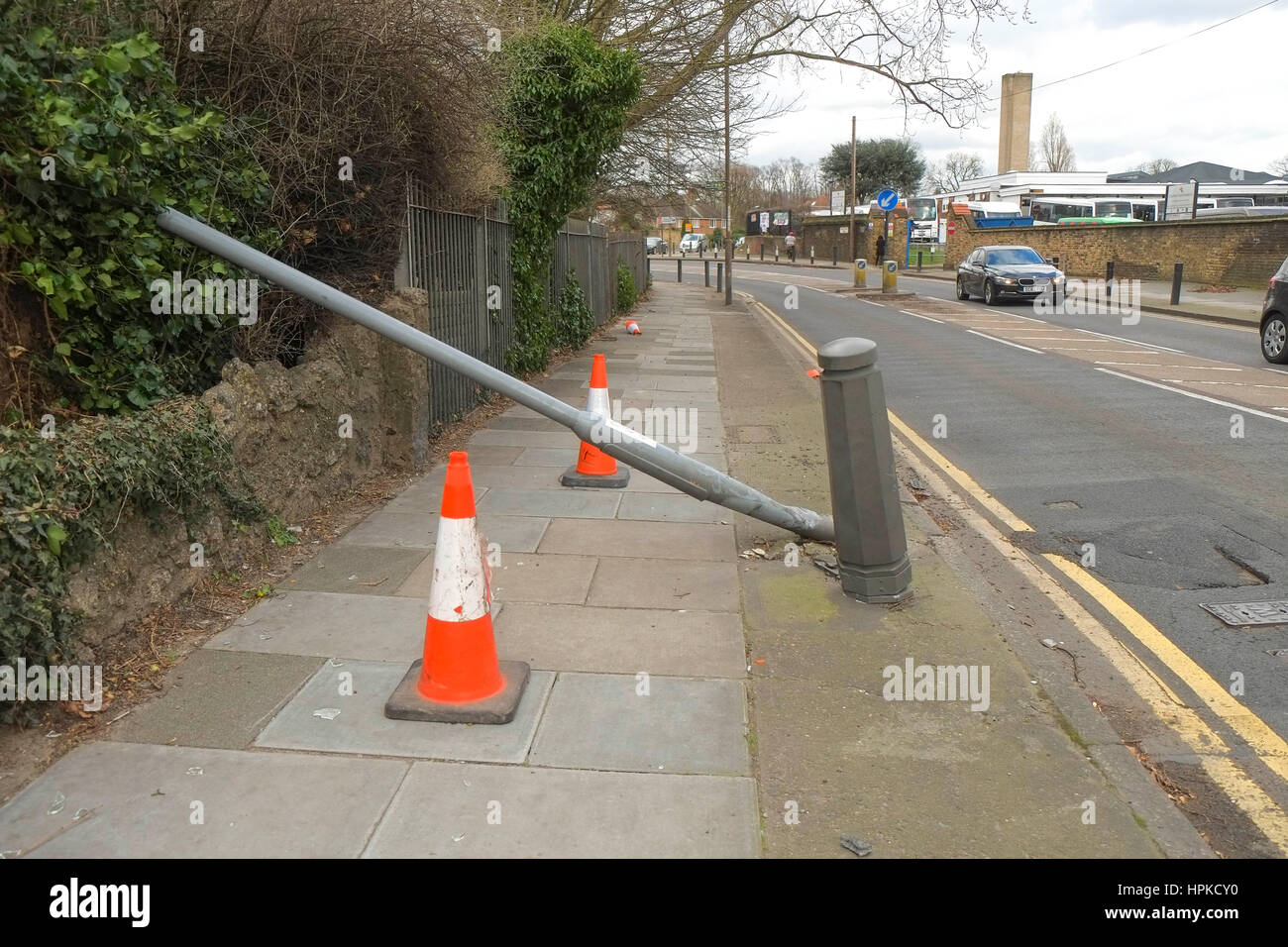 London, UK. 23rd Feb, 2017. Lamp post torn out of the ground by Storm ...