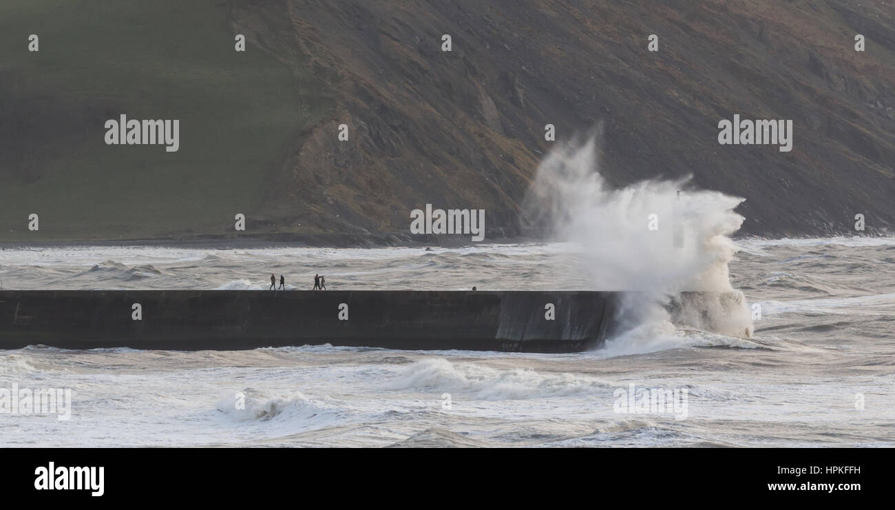 UK Weather: People walking along the (jetty) storm breaker, that jets ...