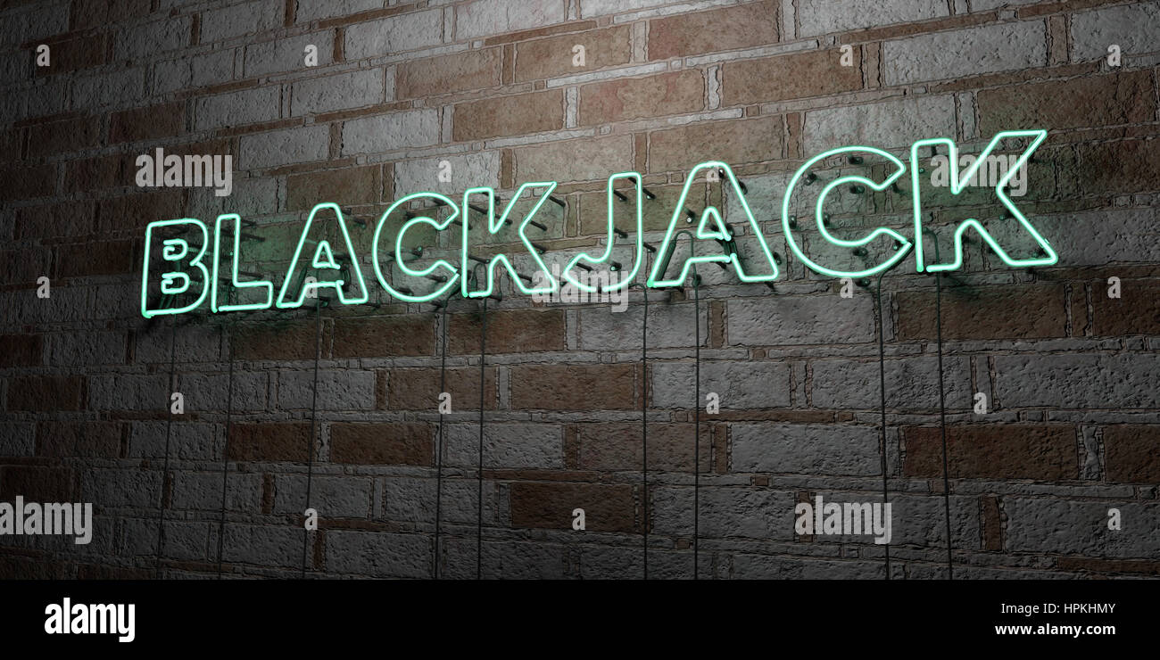 BLACKJACK - Glowing Neon Sign on stonework wall - 3D rendered royalty ...