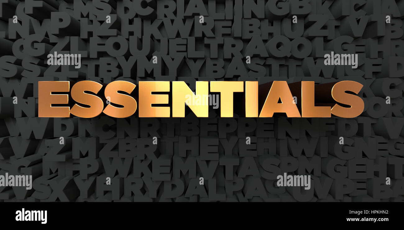 Essentials - Gold text on black background - 3D rendered royalty free ...