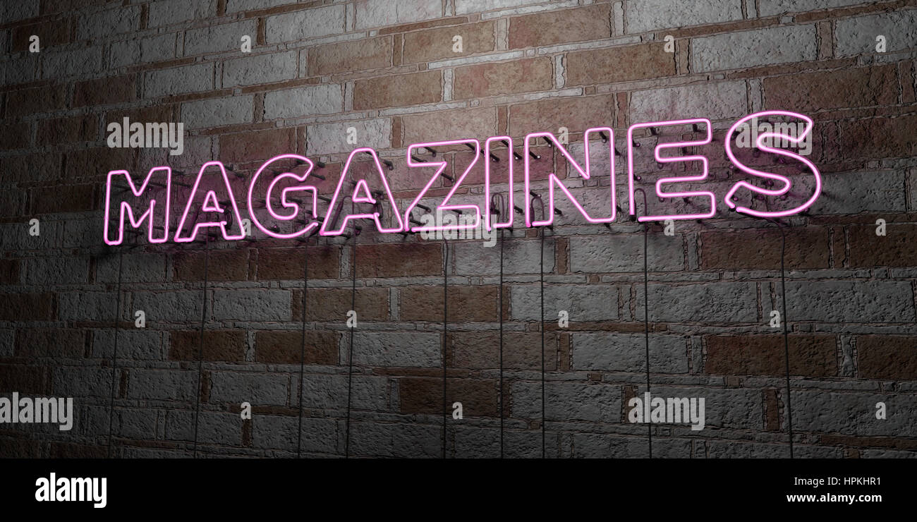 MAGAZINES - Glowing Neon Sign on stonework wall - 3D rendered royalty ...