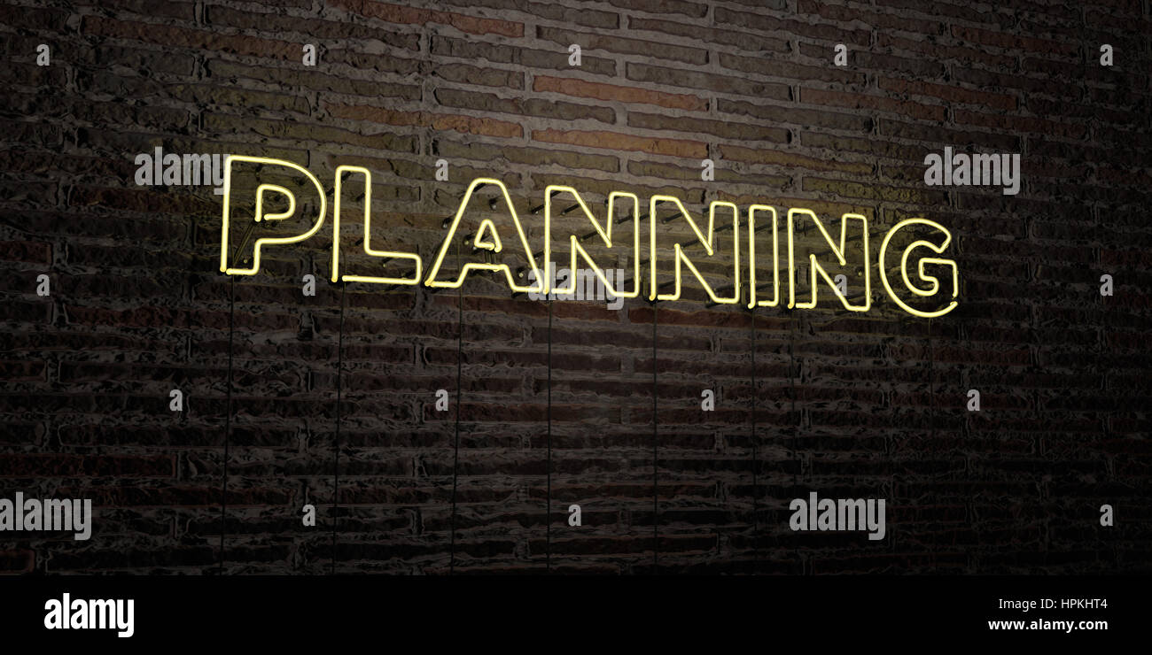 PLANNING -Realistic Neon Sign on Brick Wall background - 3D rendered ...