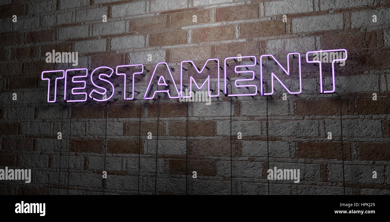 TESTAMENT - Glowing Neon Sign on stonework wall - 3D rendered royalty ...