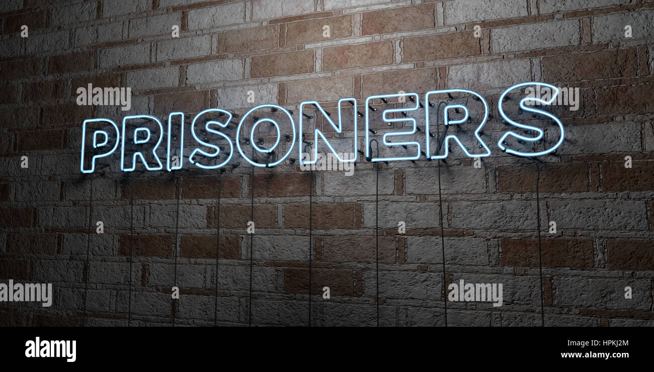 PRISONERS - Glowing Neon Sign on stonework wall - 3D rendered royalty ...