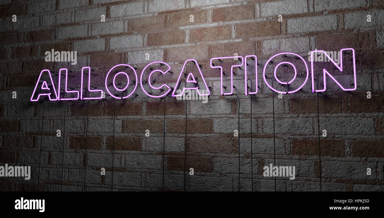 ALLOCATION - Glowing Neon Sign on stonework wall - 3D rendered royalty ...