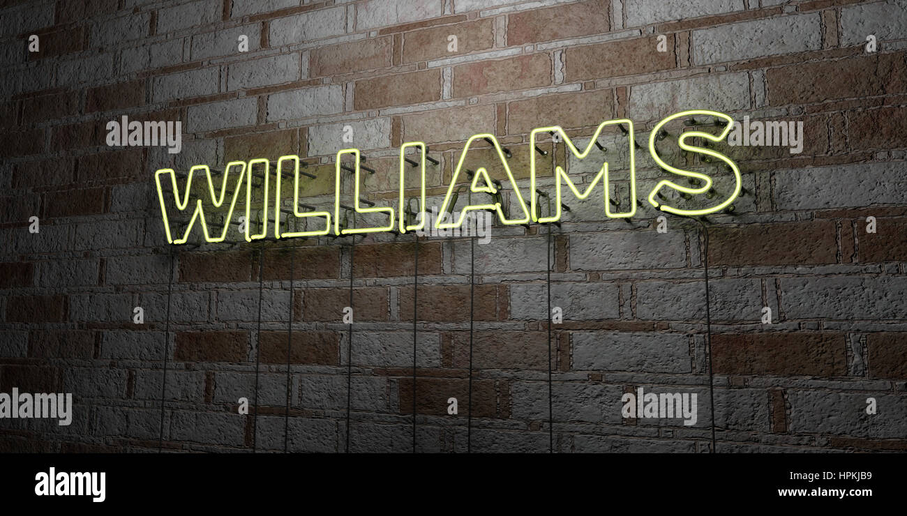WILLIAMS - Glowing Neon Sign on stonework wall - 3D rendered royalty ...