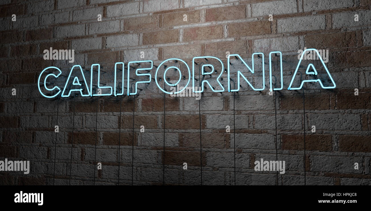 CALIFORNIA - Glowing Neon Sign on stonework wall - 3D rendered royalty ...