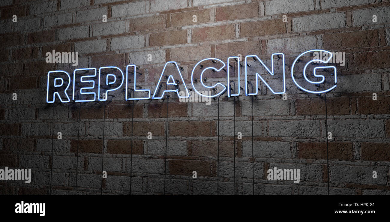 REPLACING - Glowing Neon Sign on stonework wall - 3D rendered royalty ...