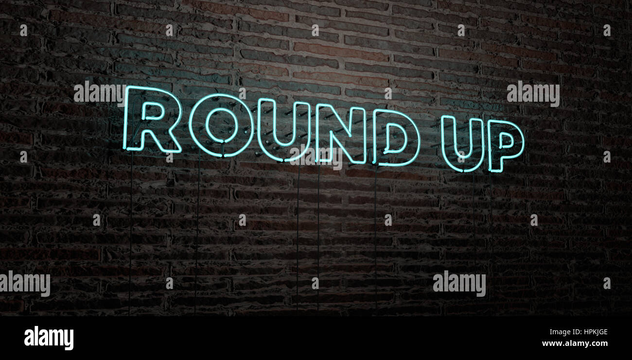 ROUND UP -Realistic Neon Sign on Brick Wall background - 3D rendered ...