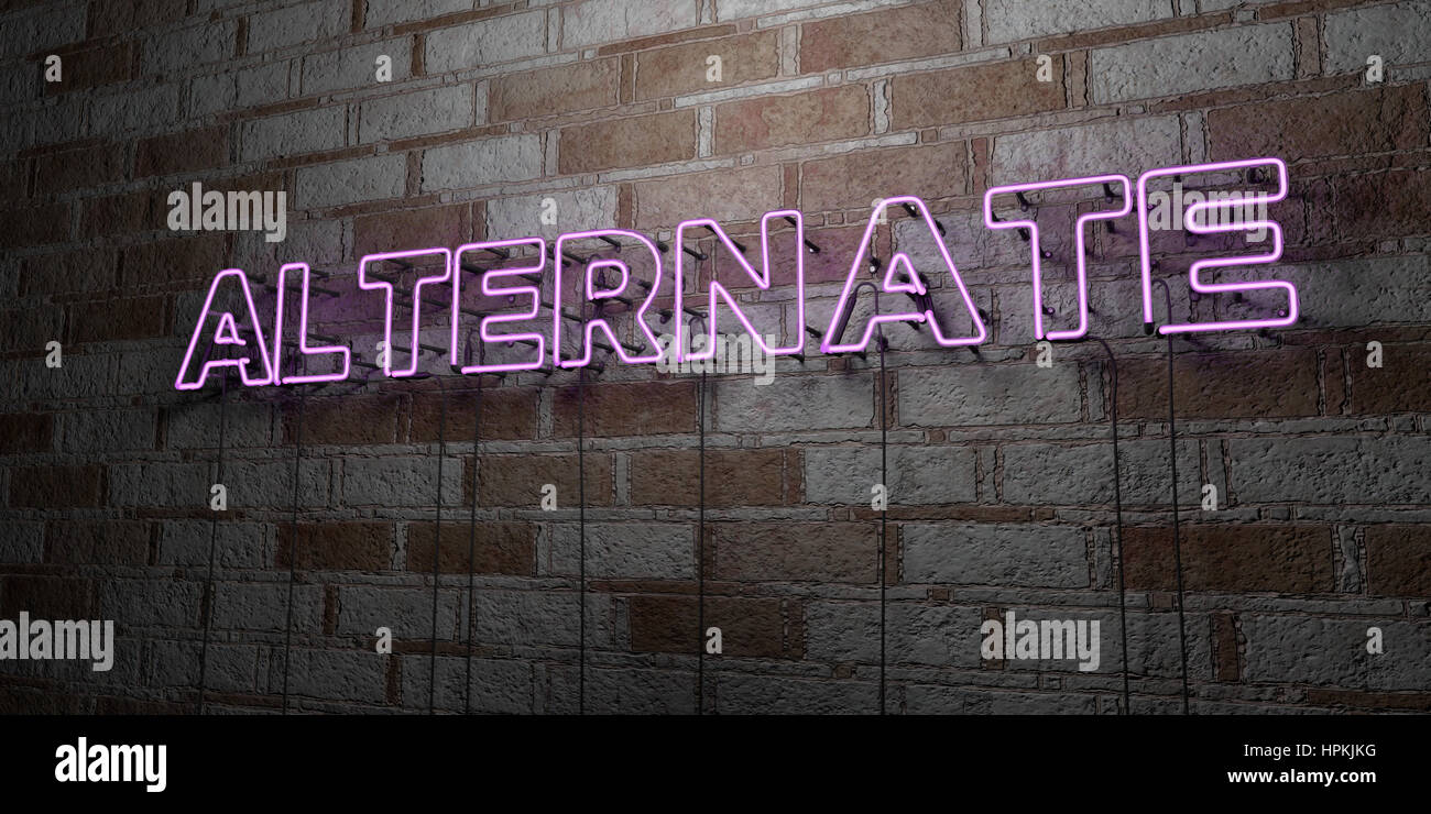 ALTERNATE - Glowing Neon Sign on stonework wall - 3D rendered royalty ...