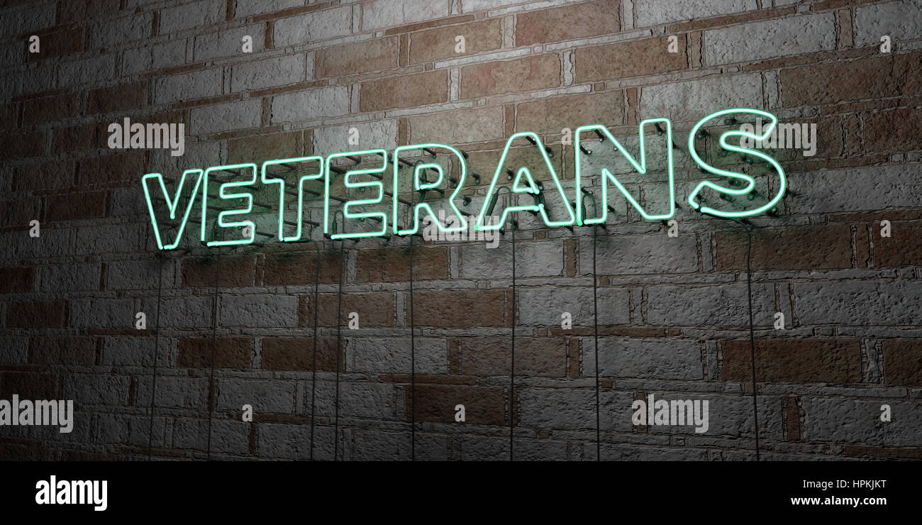 VETERANS - Glowing Neon Sign on stonework wall - 3D rendered royalty ...