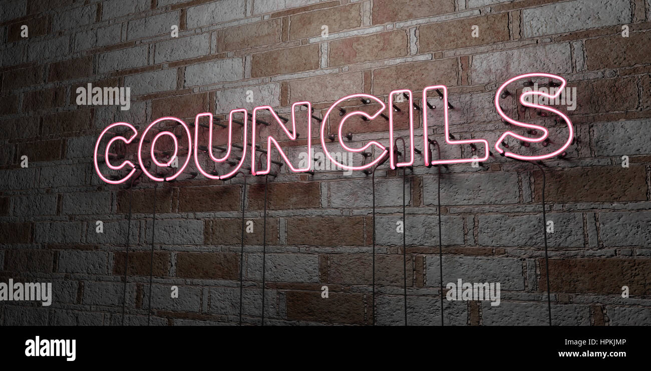 COUNCILS - Glowing Neon Sign on stonework wall - 3D rendered royalty ...